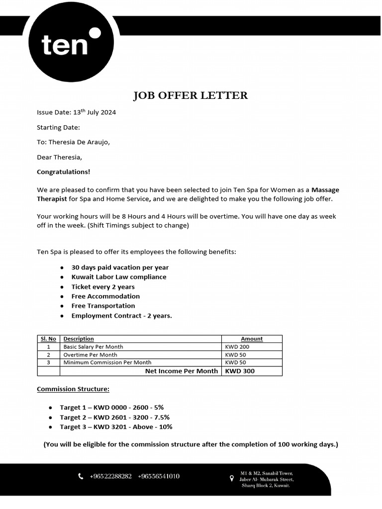 JOB OFFER LETTER - Theresia de Araujo - Female Home Therapist | PDF ...