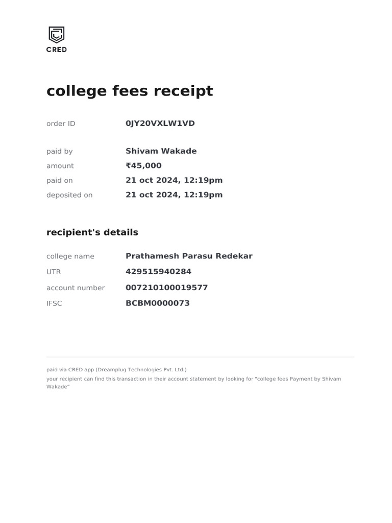College Fees Receipt - Shivam Wakade | PDF