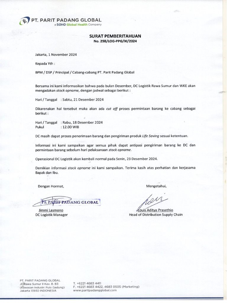 Surat Pemberitahuan Stock Opname DC PT. Parit Padang Global - Des 2024 ...