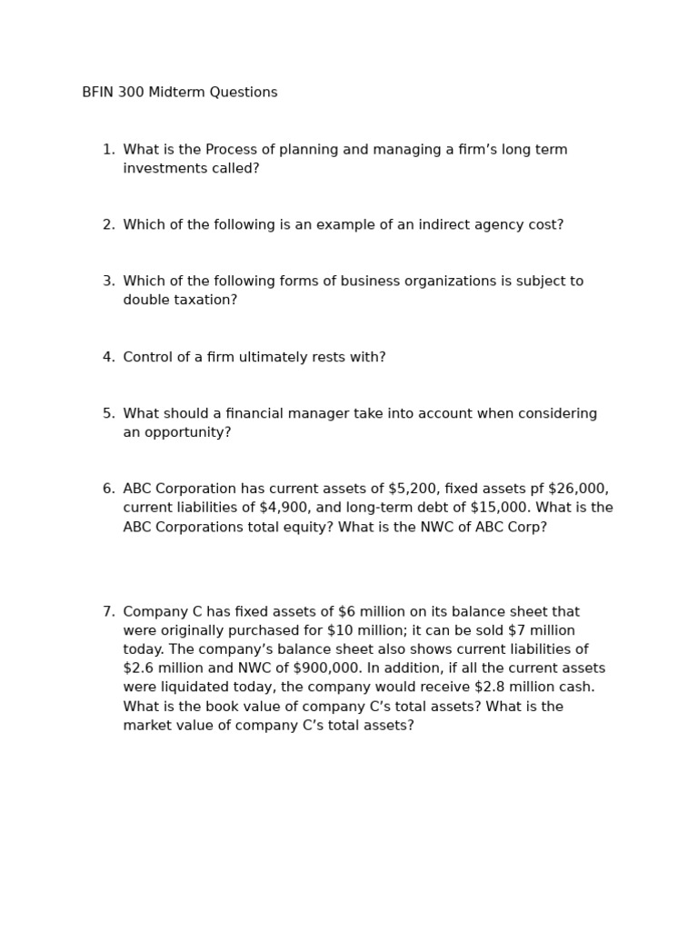 BFIN 300 Midterm Questions | PDF | Balance Sheet | Interest