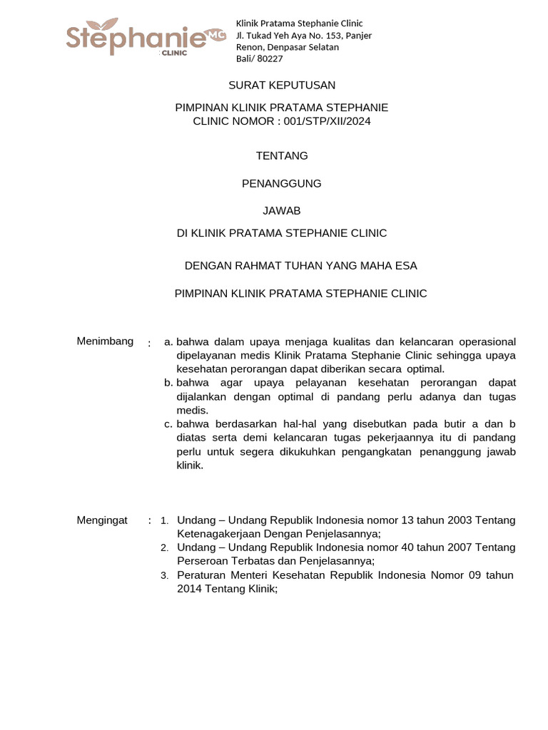 SK Pengesahan Dan Uraian Tugas Klinik Pratama Stephanie Clinic | PDF
