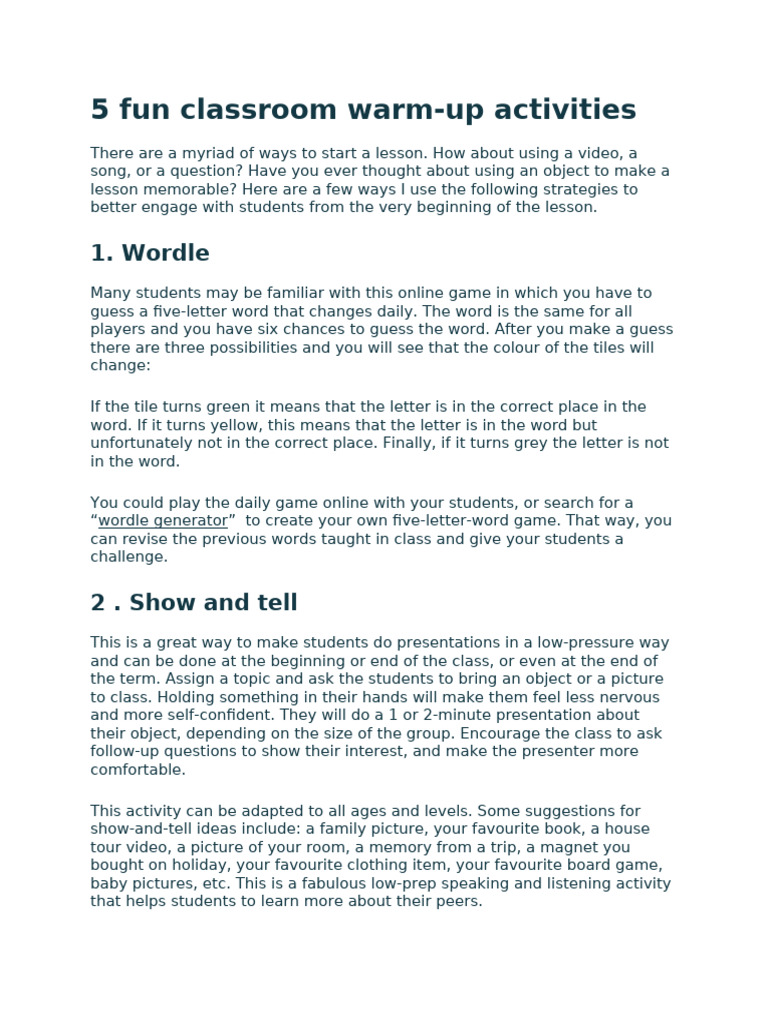 5 fun classroom warm | PDF | Flashcard | Learning