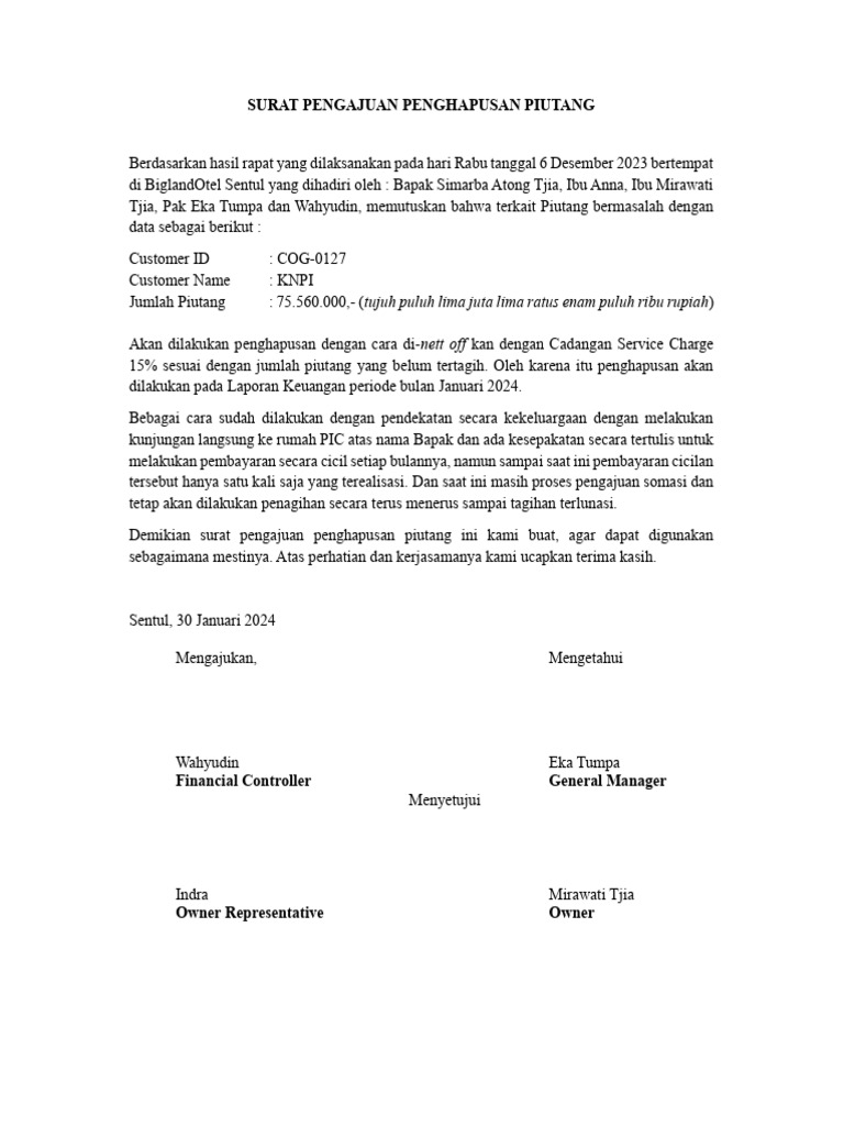 Surat Pengajuan Penghapusan Piutang | PDF