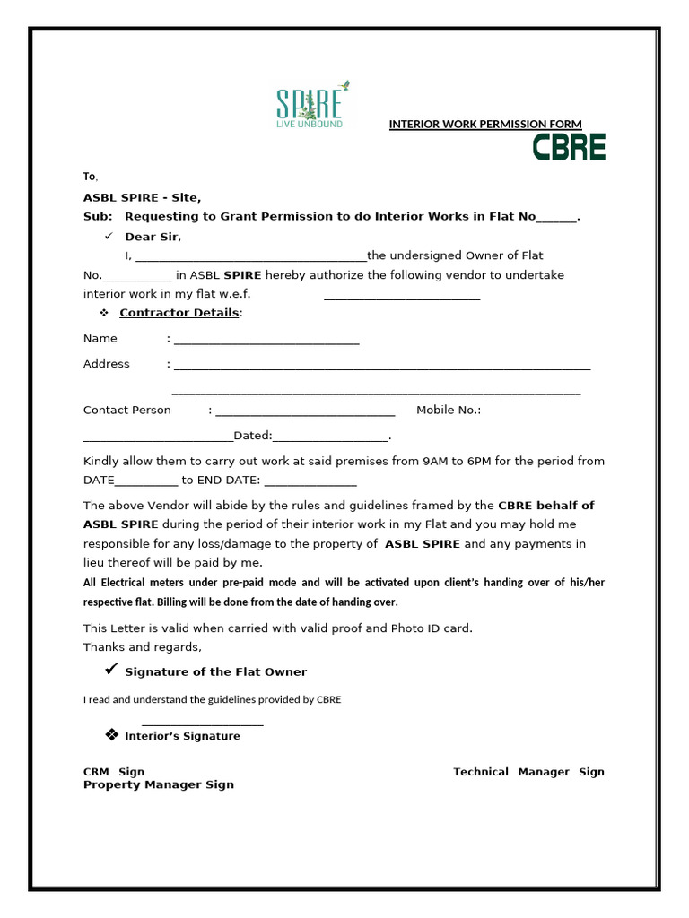 Interior Work Permission Request Form | PDF