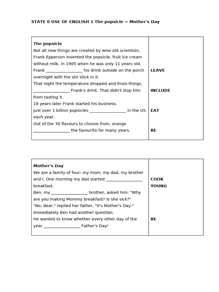 Popsicle Invention & Mother's Day Story | PDF