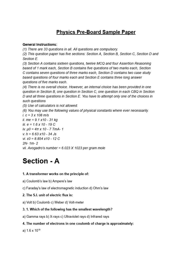 Physics Pre Board Sample Paper 2024 25 | PDF | Metrology | Electricity