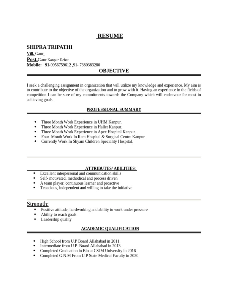 Resume: Shipra Tripathi Post. Objective | PDF