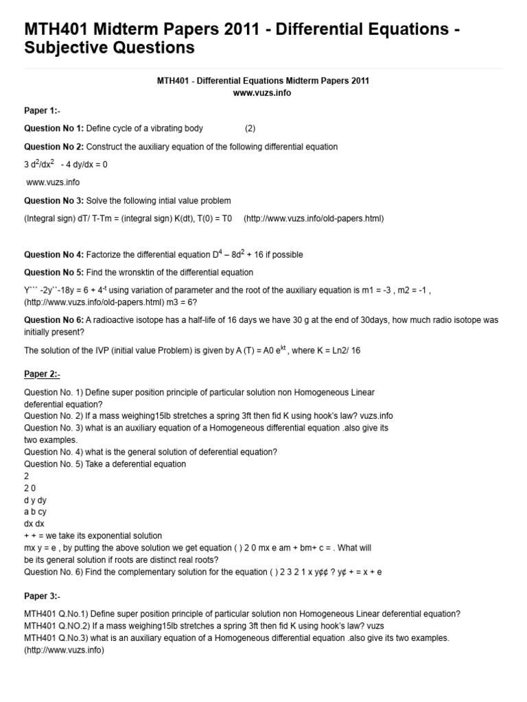 MTH401 Midterm Papers 2011 - Differential Equations - Subjective ...