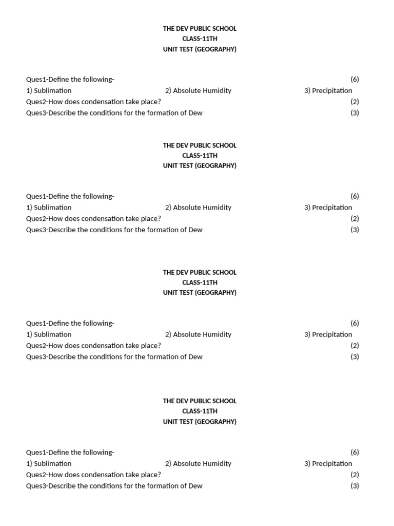 Geography Class 11th Unit Test | PDF | Geophysics | Earth Sciences