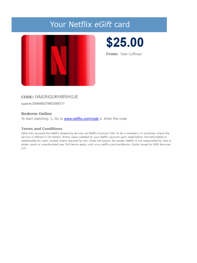 Netflix eGift Card Terms & Usage | PDF