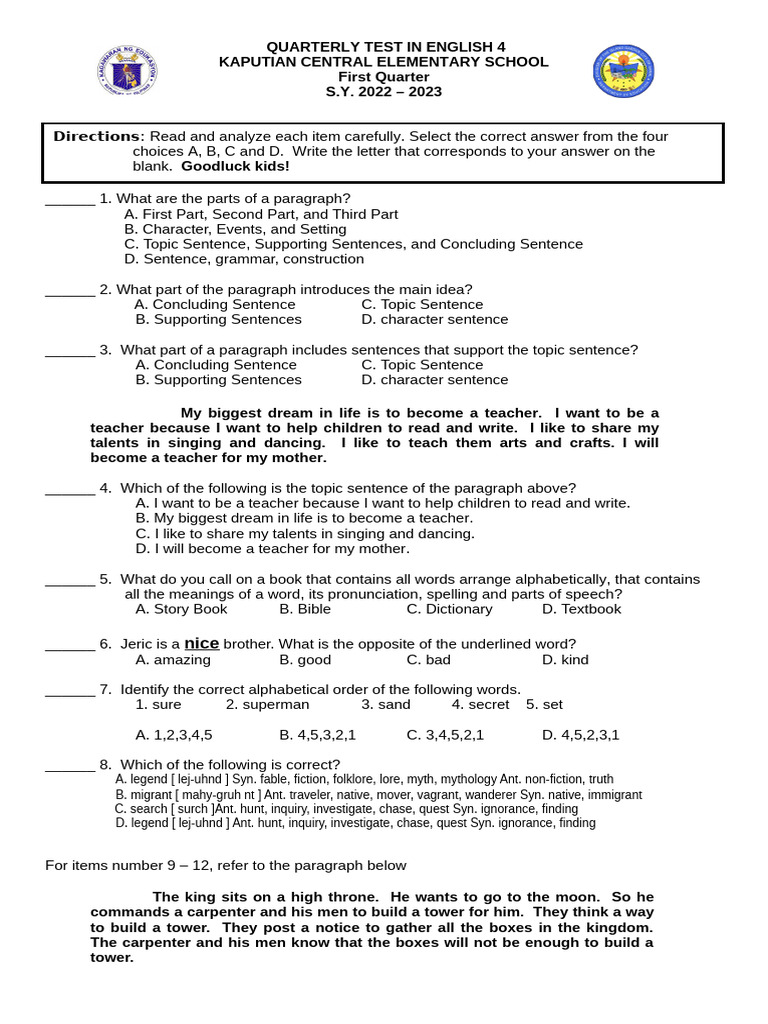 ENGLISH 4 Q1 TEST 2022 2023 For Print | PDF | Word | Linguistics