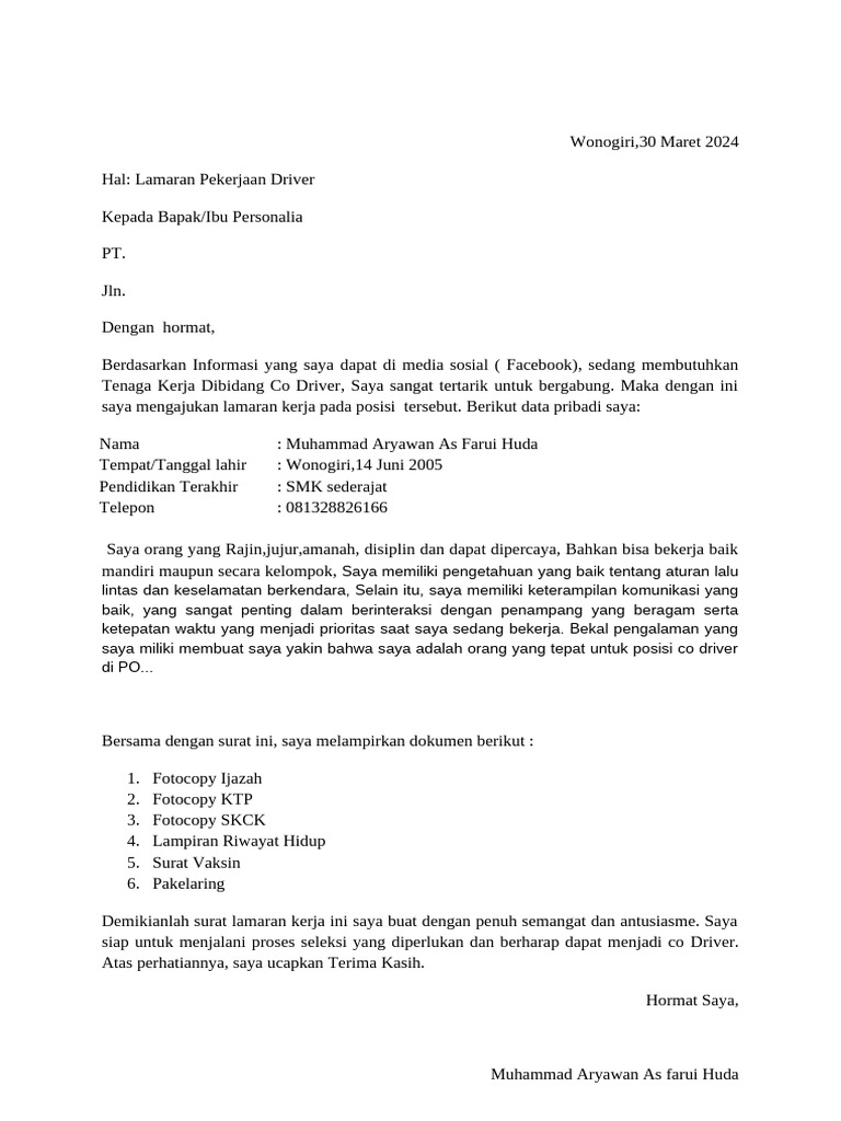 Surat Lamaran Kerja Co Driver | PDF