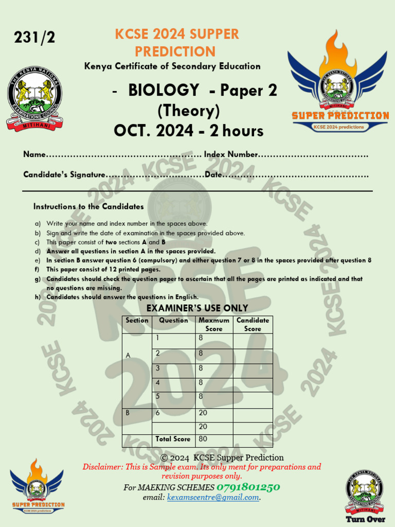 KCSE 2024 Biology Paper 2 Predictions | PDF