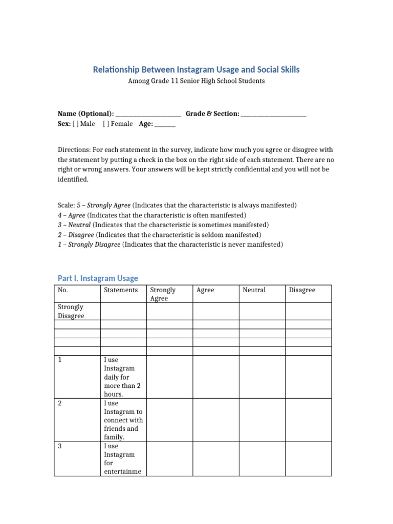 Instagram Usage Social Skills Questionnaire | PDF | Social Psychology