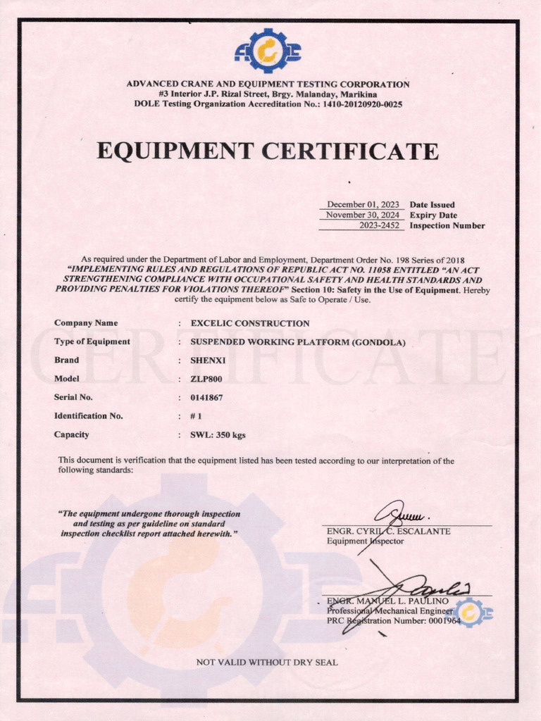Equipment Certificate - 1 | PDF