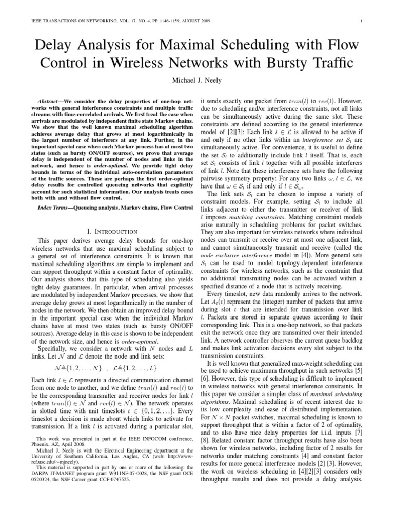Delay Analysis For Maximal Scheduling With Flow Control in Wireless Networks With Bursty Traffic ...