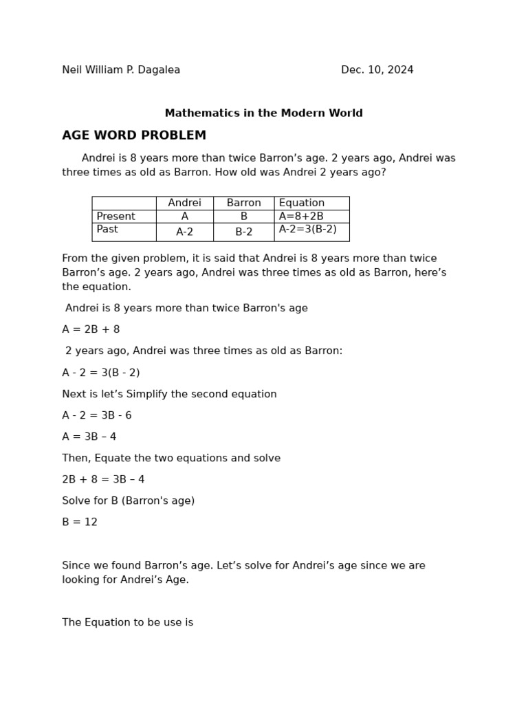 Mathematics in The Modern World: Age Word Problem, Mixture Problem, and Distance, Rate, and Time ...