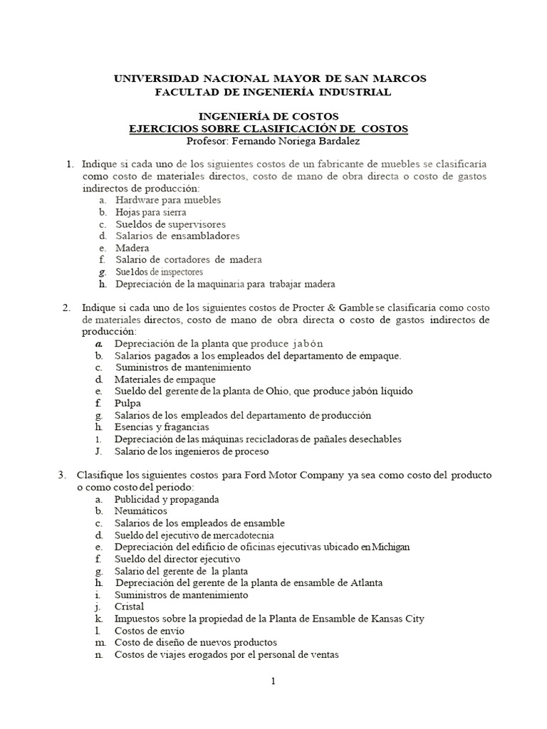 6 Ejercicios Sobre Clasificación de Costos | PDF | Economias