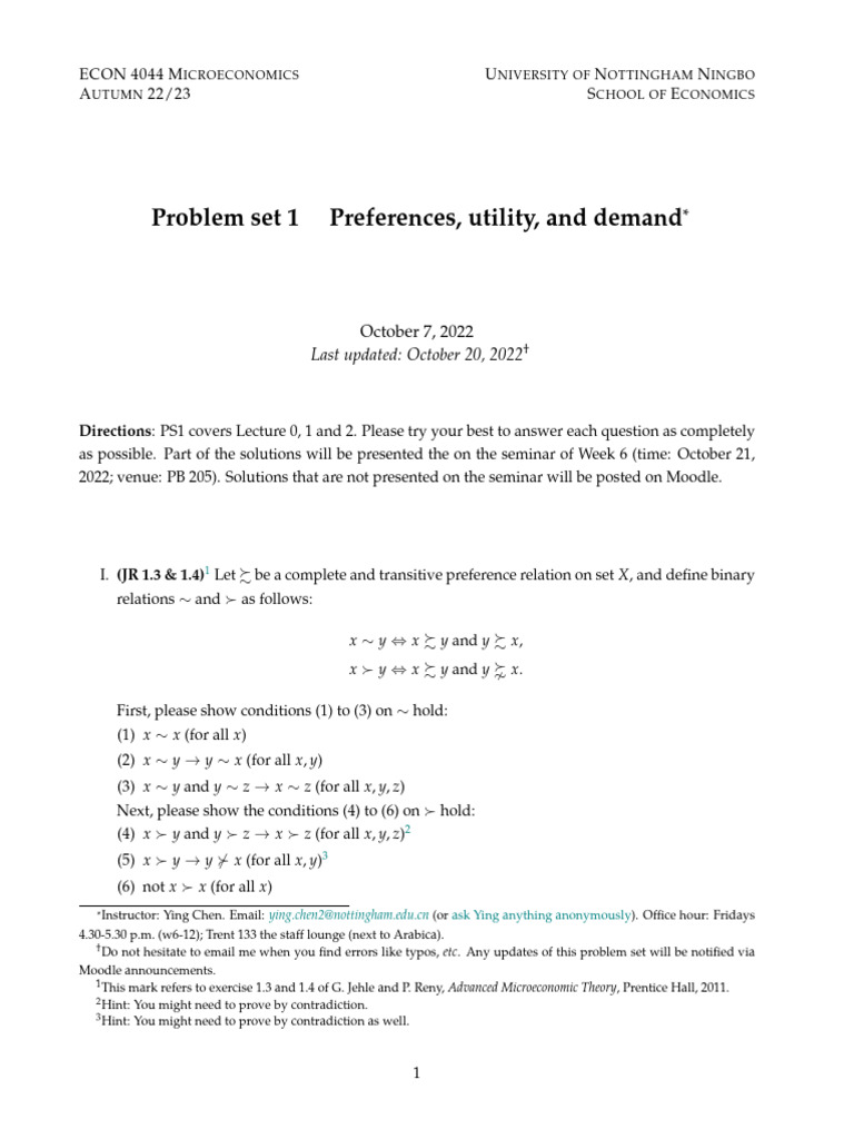 Problem set 1 | PDF | Utility | Economies