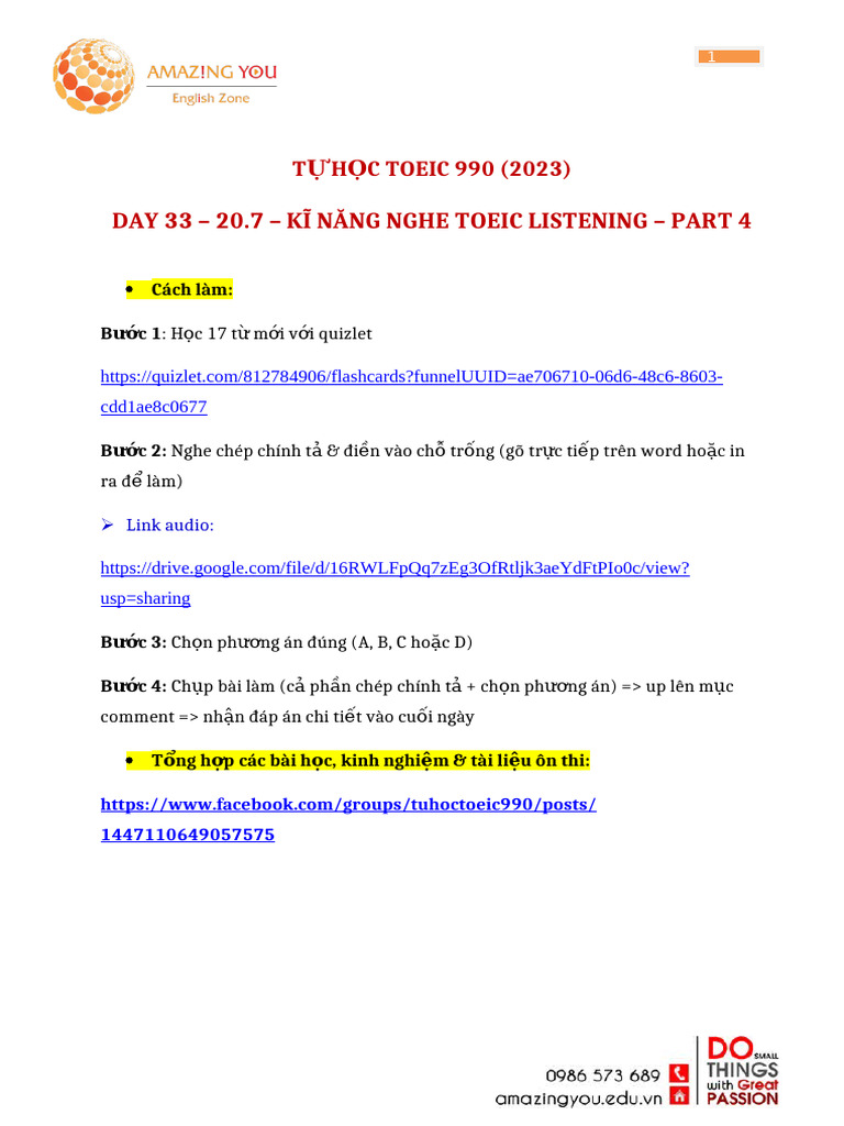 Tự học TOEIC 990 - Day 33 - TOEIC Listening Part 4 (20.7) | PDF