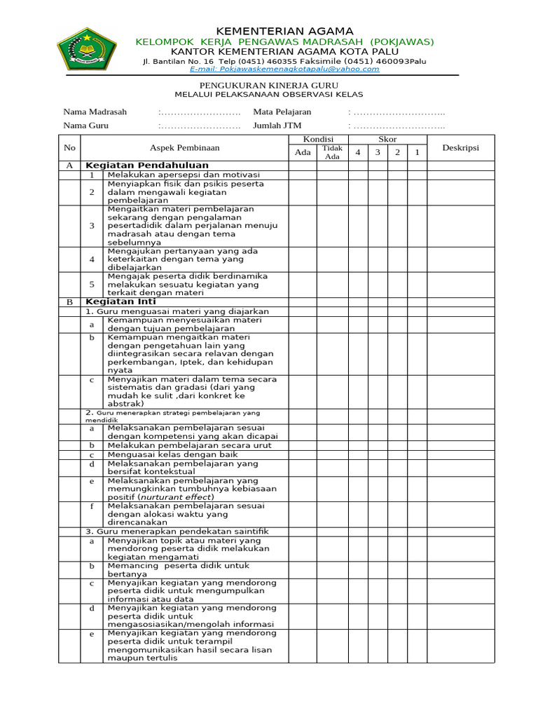 Instrumen Supervisi Kelas | PDF
