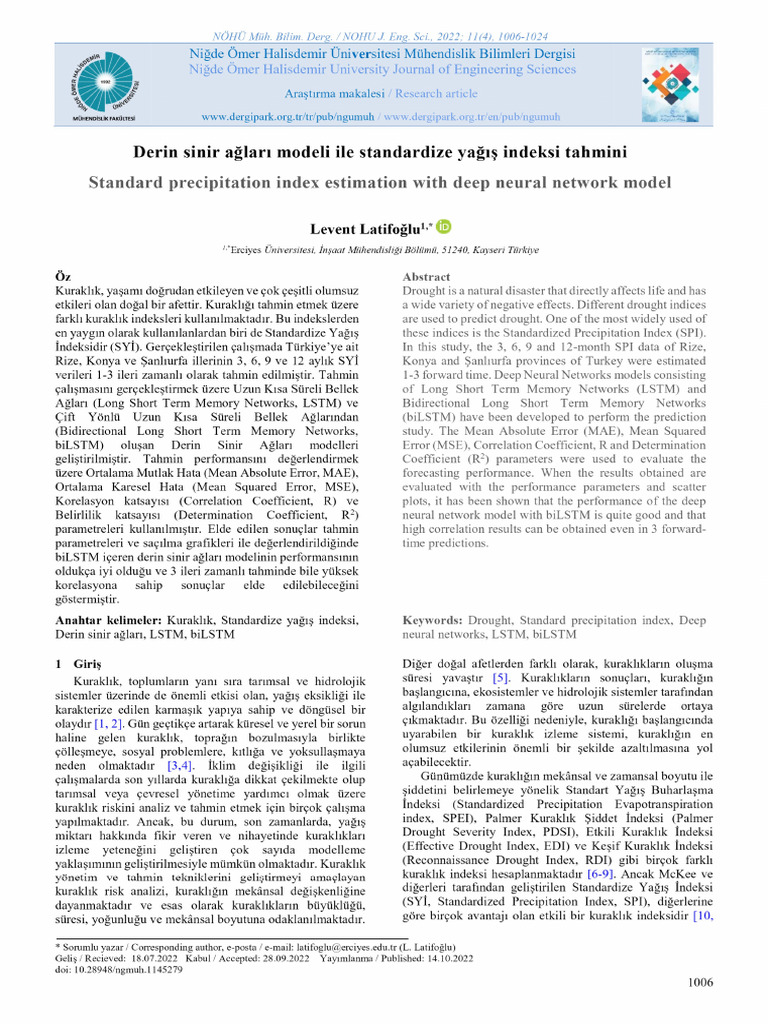 Derin sinir ağları modeli ile standardize yağış indeksi tahmini | PDF | Earth Sciences