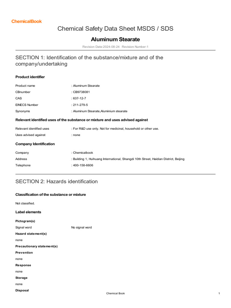 Aluminum Stearate MSDS | PDF | Firefighting | Combustion