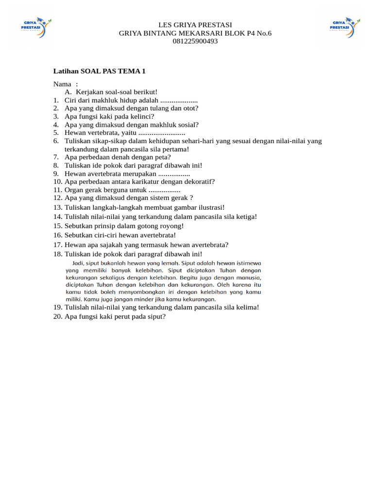 Latihan SOAL PAS TEMA 1 | PDF