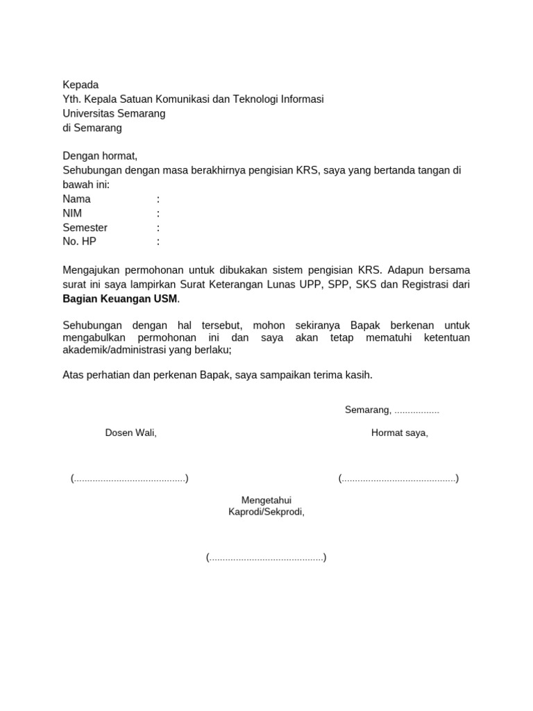 Form Permohonan Pembukaan Sistem Pengisian Krs | PDF