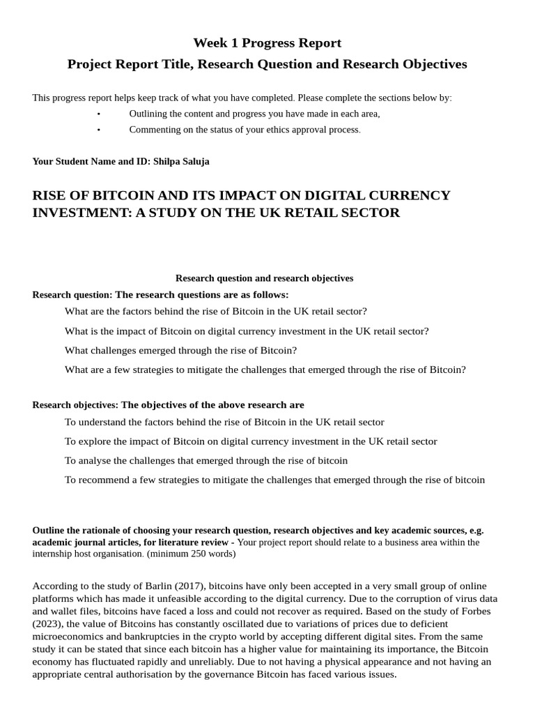 Week 1 Progress Report - Research Question and Objectives | PDF | Cryptocurrency | Bitcoin