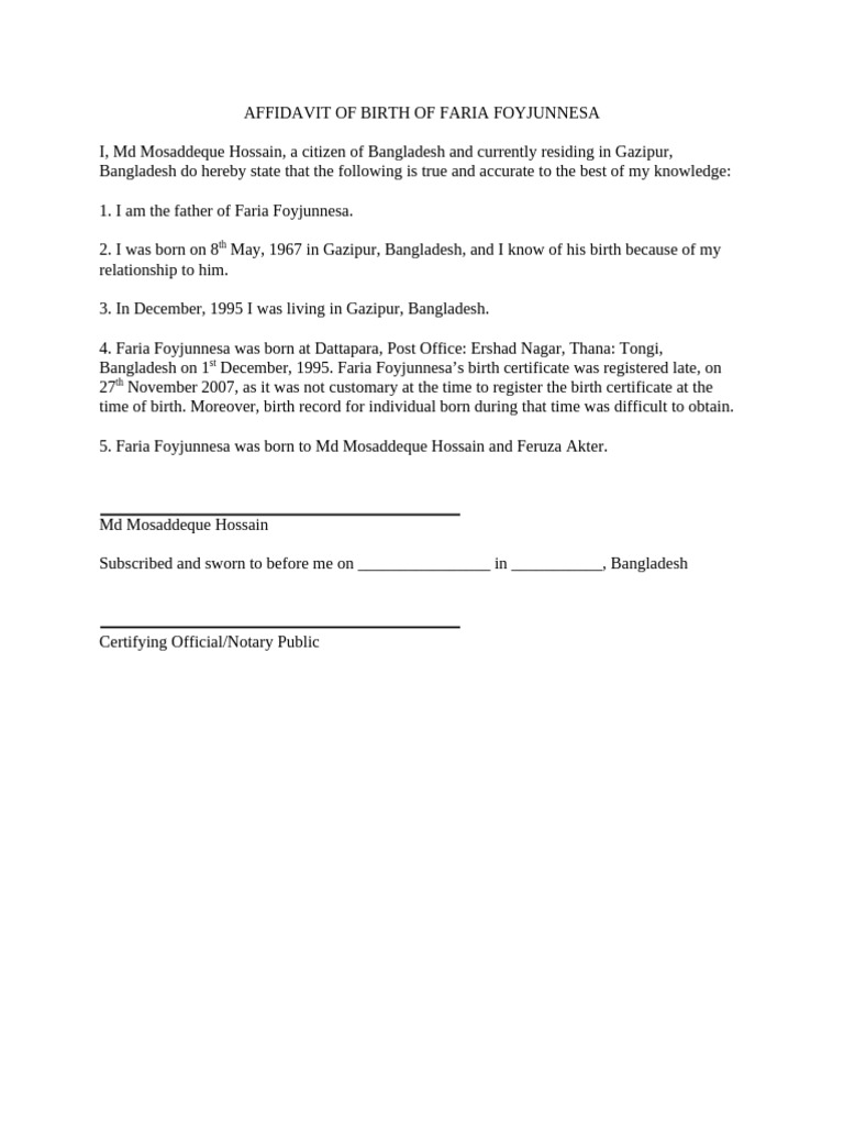 Affidavit For Father of Faria Foyjunnesa | PDF