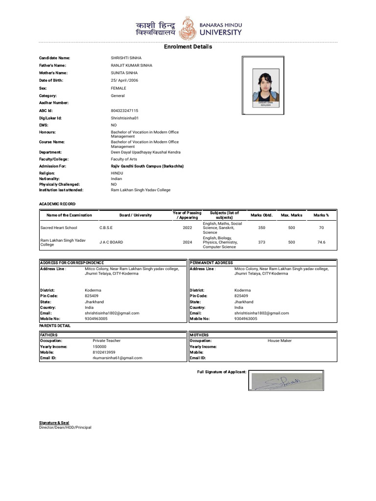 Banaras Hindu University, Enrollment Details | PDF