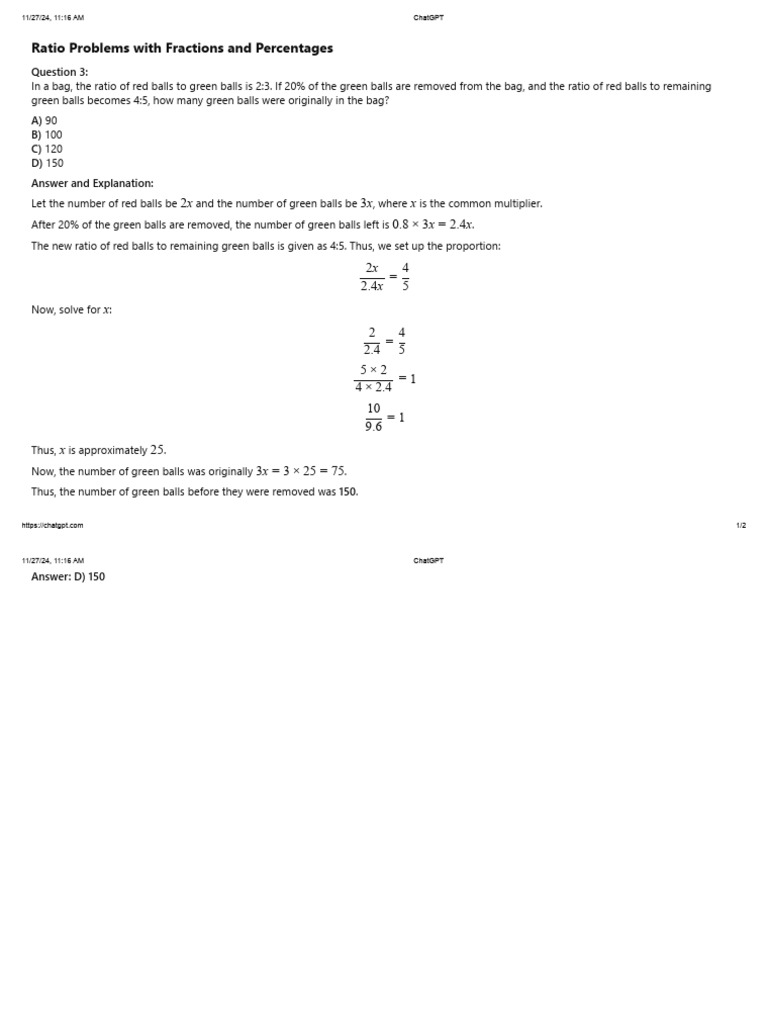 Ratio Problems With Fractions and Percentages 1 | PDF | Ratio | Mathematics