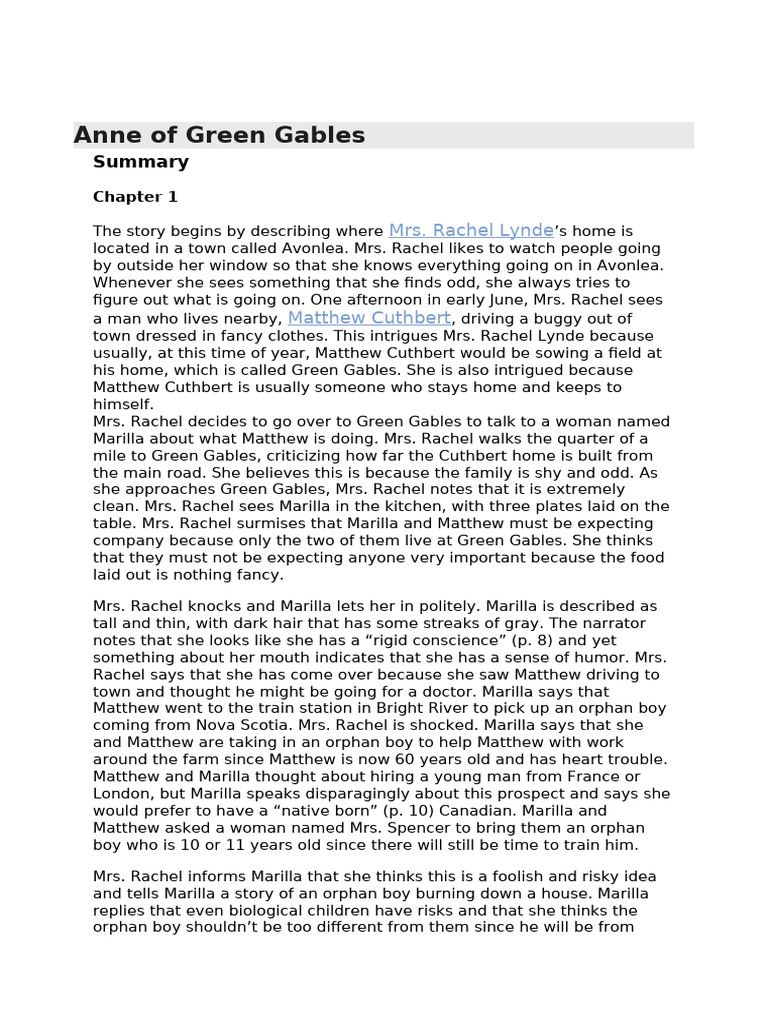 Anne of Green Gables: Chapter Summaries | PDF | Prayer | Saint Peter
