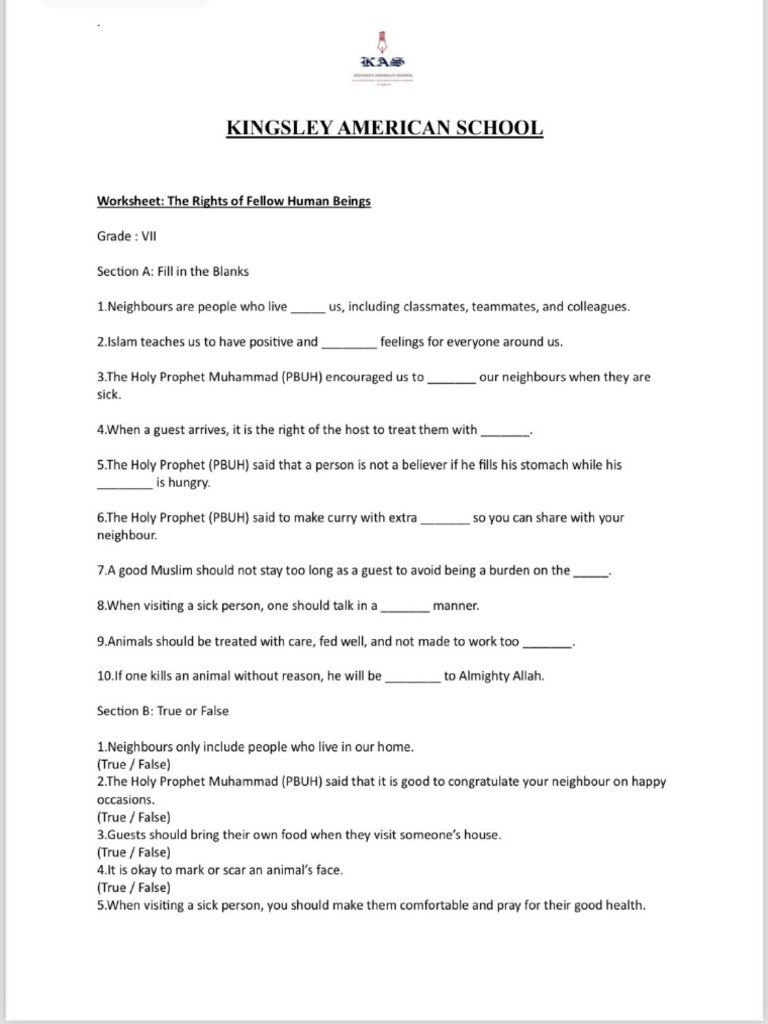 Islamiat Worksheets Grade 7 | PDF