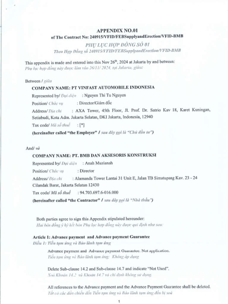 Vinfast & BMB Indonesia - Appendix No.01 (Full Signed) | PDF