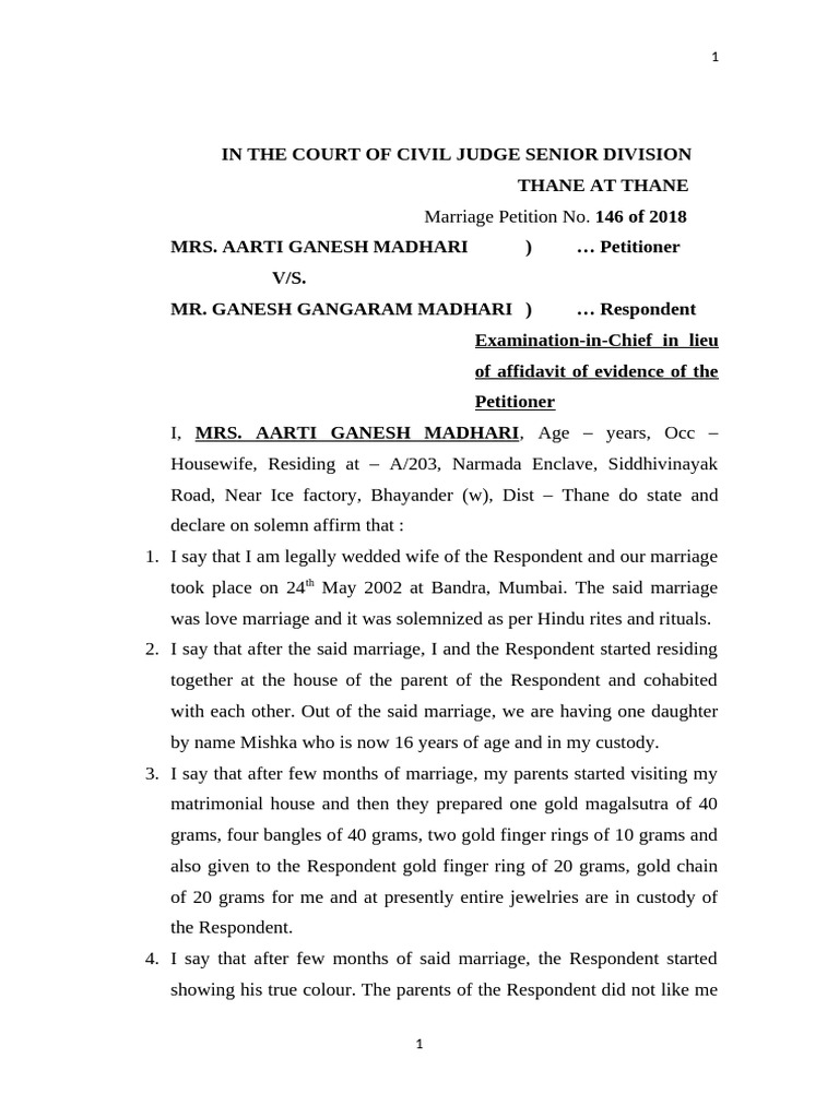 Affidavit of Evidence (Aarti Madhari) | PDF | Marriage | Psychological ...