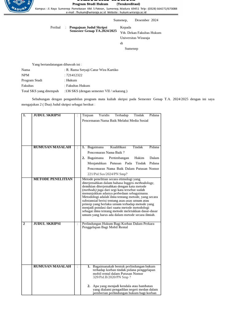 Format Pengajuan Judul Skripsi FH Semester Genap Ta. 2024-2025 | PDF