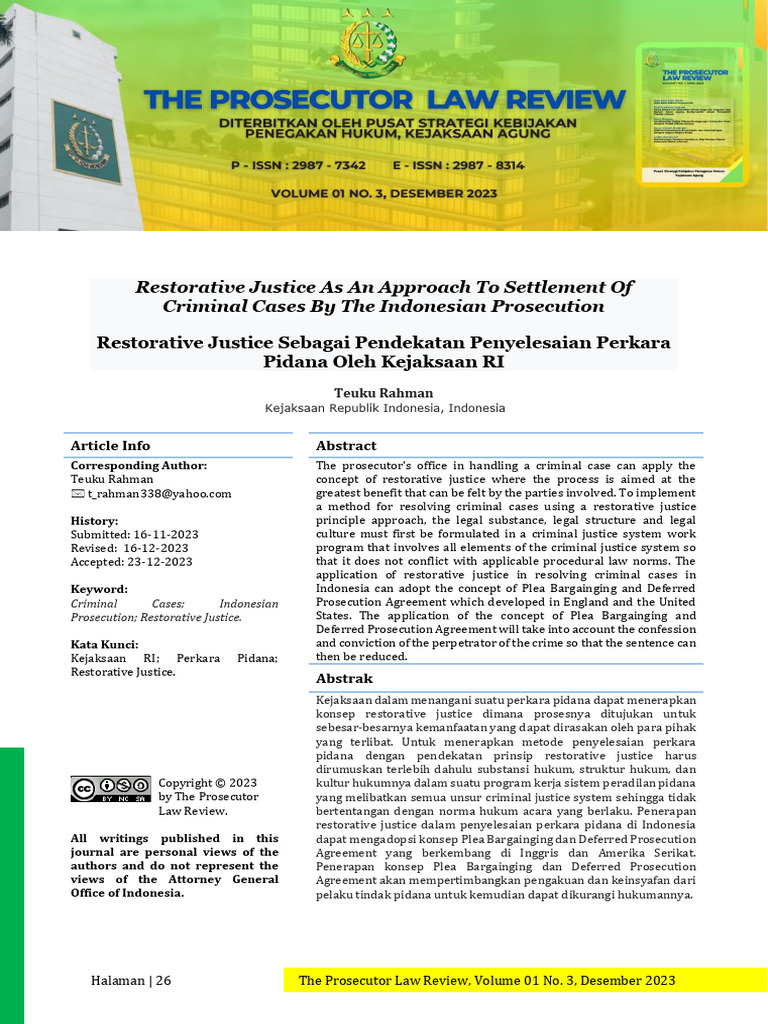 Restorative Justice As An Approach To Settlement of Criminal Cases by ...