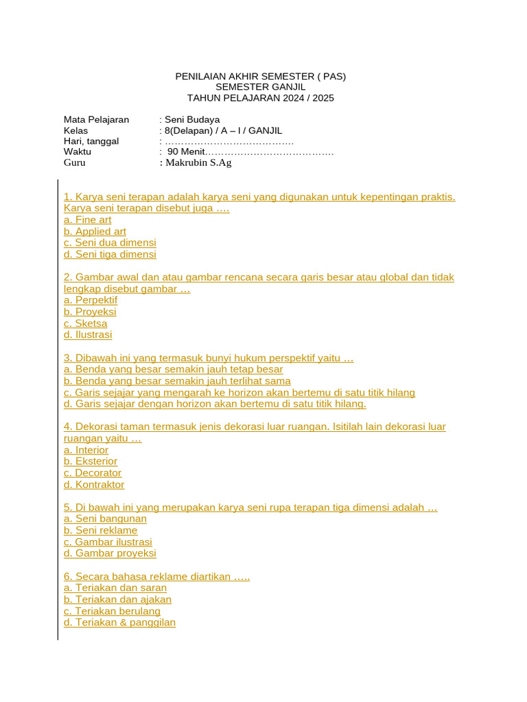 Soal Seni Budaya Kelas 8 Pas Ganjil 20242025 | PDF