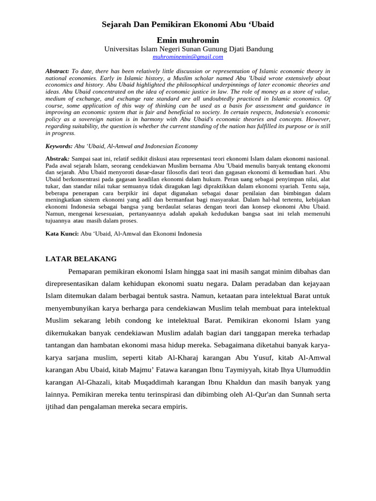 Paper Sejarah Pemikiran Dan Peradaban Ekonomi Abu Ubaid ( Emin Muhromin ) | PDF