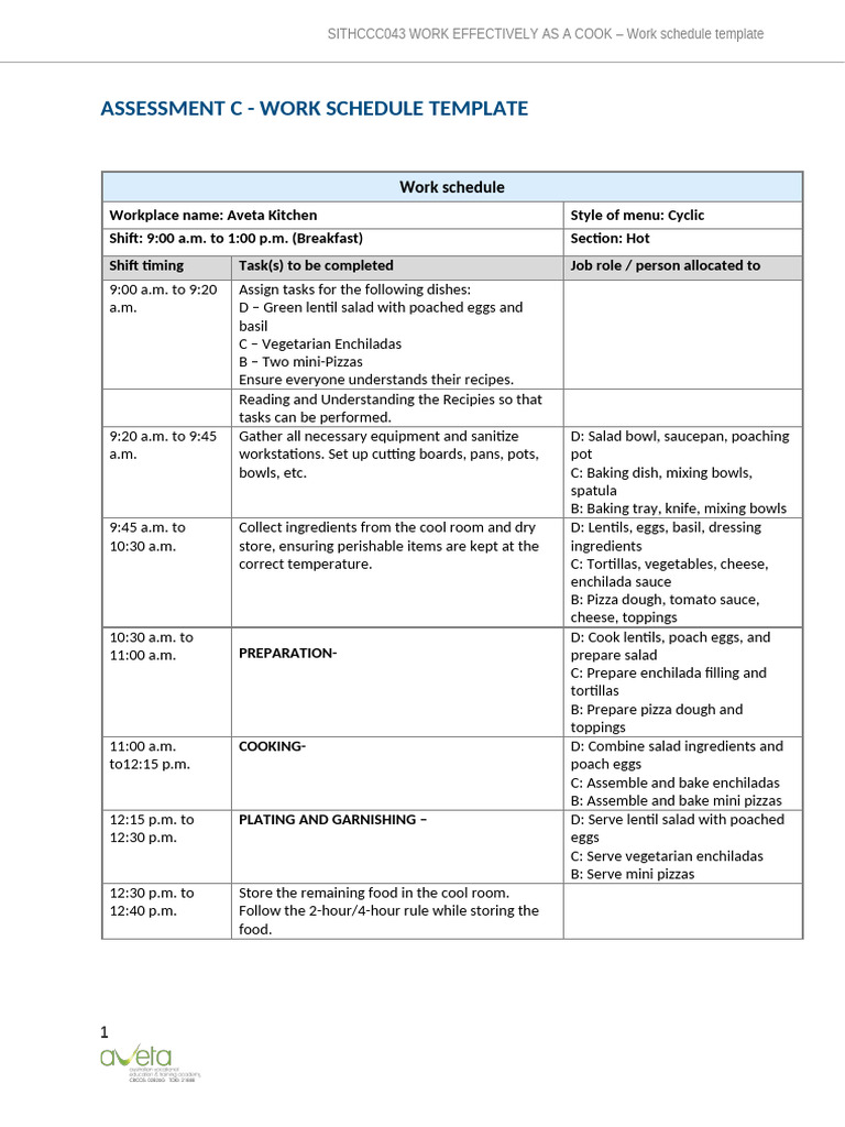 Cooking Shift Schedule Guide | PDF | Salad | Cookware And Bakeware