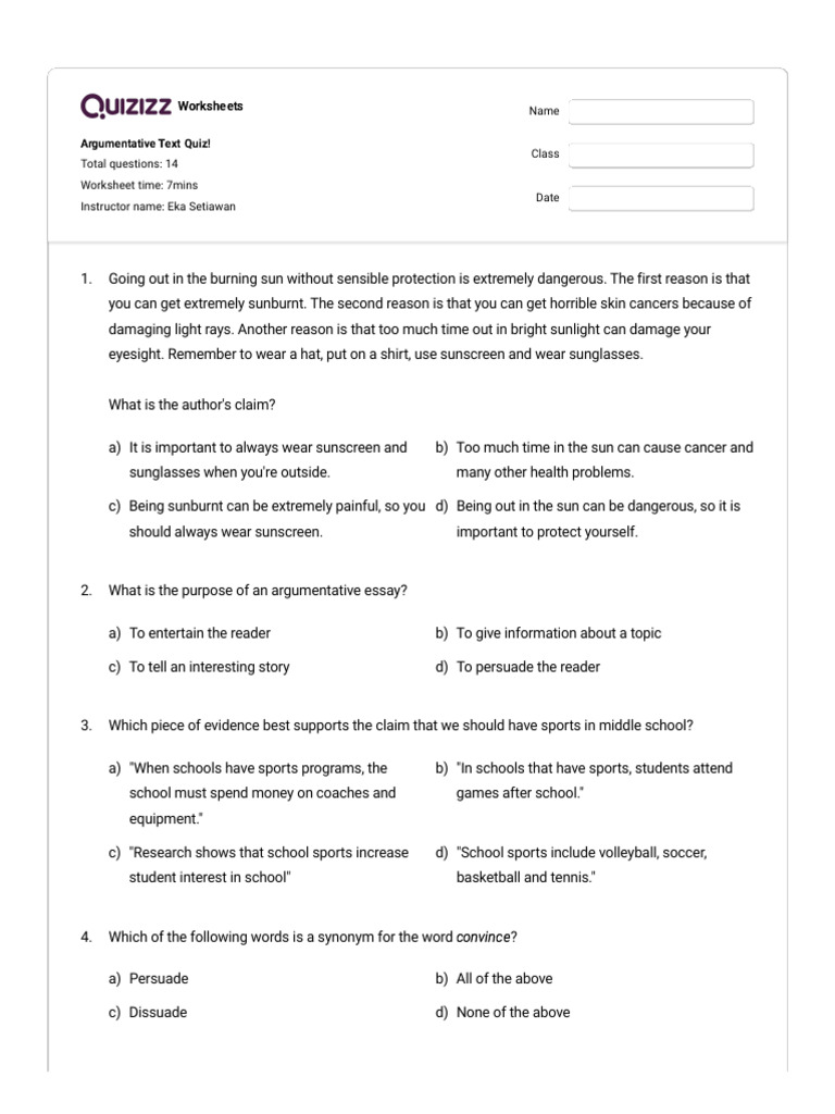 Argumentative Text Quiz! - Quizizz | PDF | Reason | Evidence