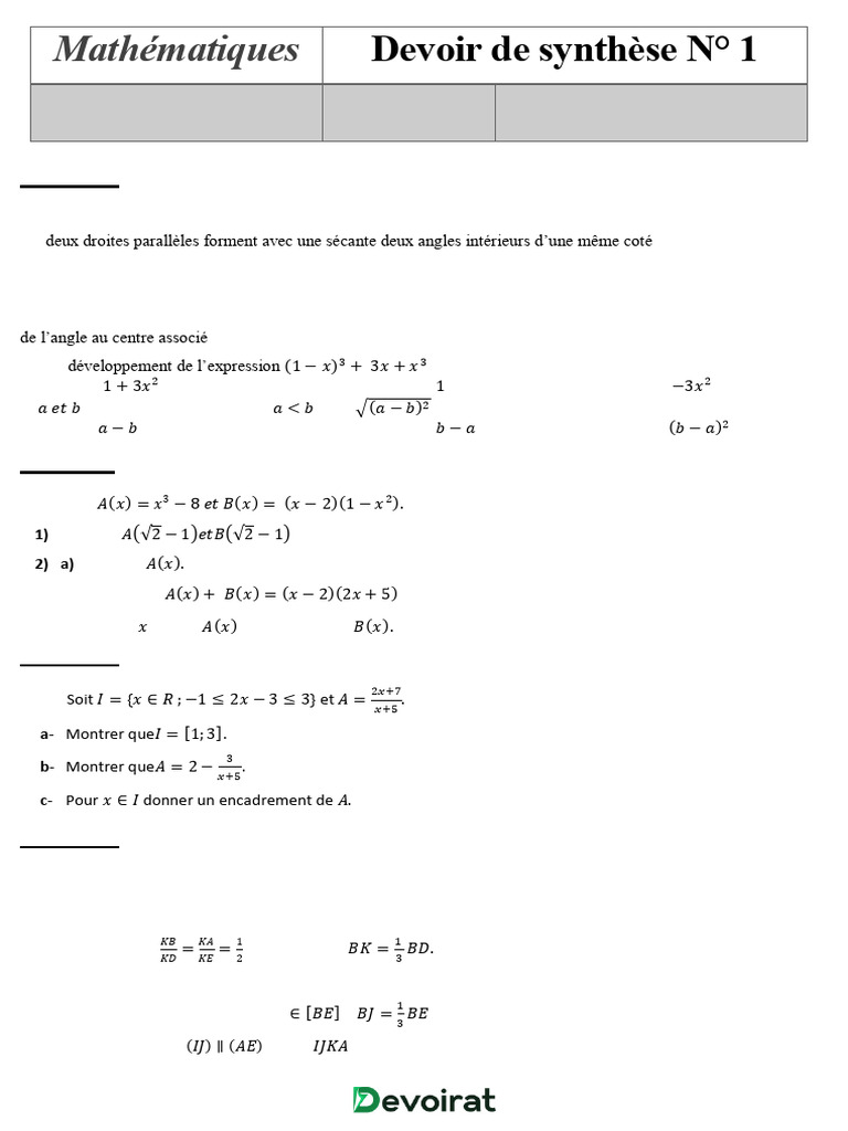 Devoir de mathématiques 1ère année | PDF