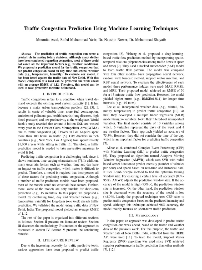 Traffic Congestion Prediction Using Machine Learni Pdf Prediction