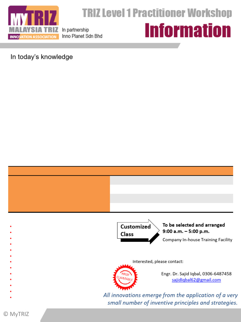 Brochure TRIZ L1 Practitioner Workshop 2024 (2-Day) - Ver01 | PDF
