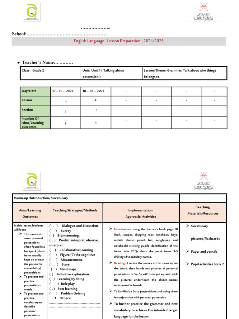 Grade Two 1st Semester 3rd Week (G) Lesson Plan | PDF | Vocabulary | Learning