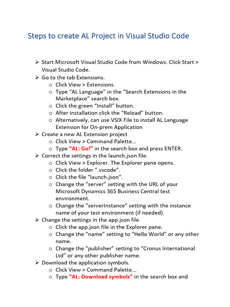 Steps To Create AL Project in Visual Studio Code: o o o o o | PDF ...