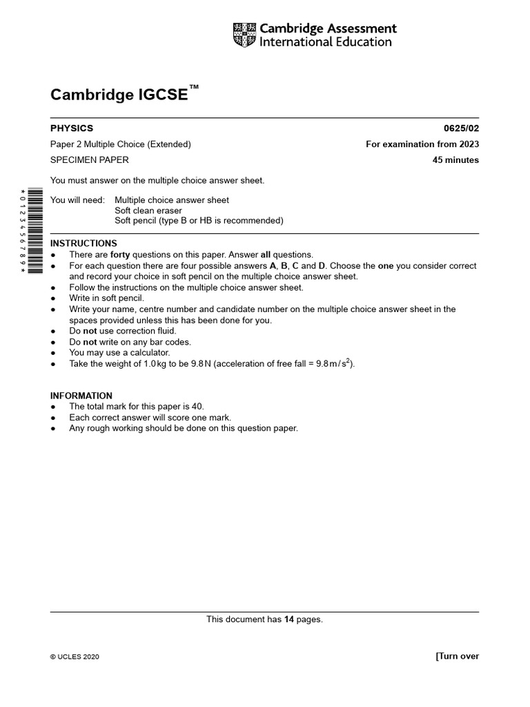 IGCSE Physics Paper 2 Specimen 2023 | PDF | Light | Inductor