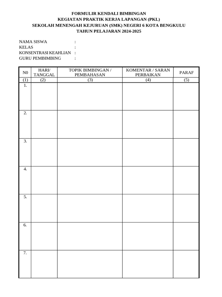 Form Bimbingan PKL | PDF
